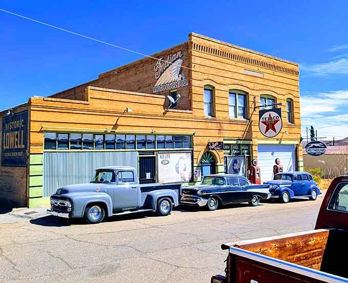 Pastel pickups and classic sedans create a parking lot that looks like your high school reunion, but way cooler.