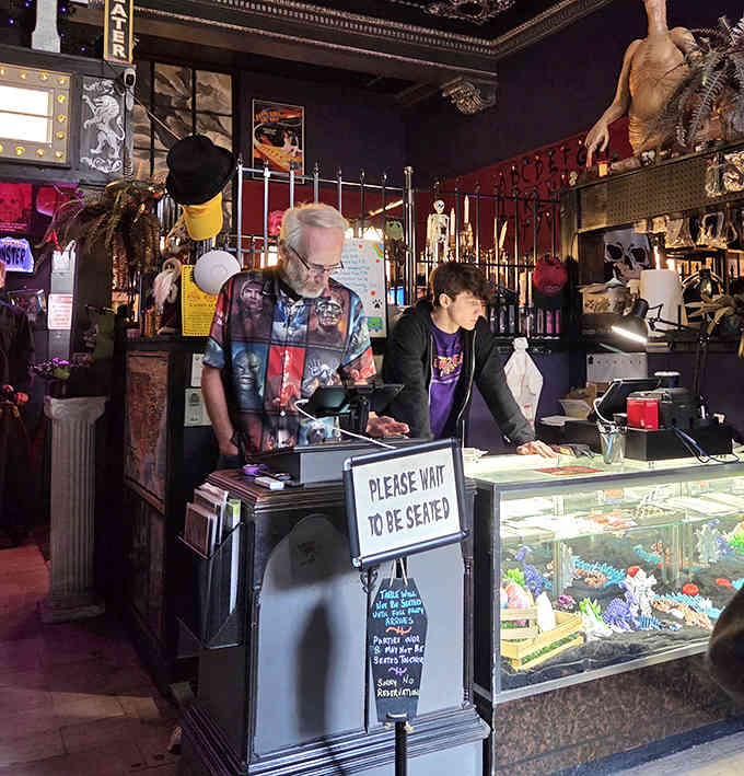 The staff serves up slices with smiles, surrounded by enough horror history to fill a library.