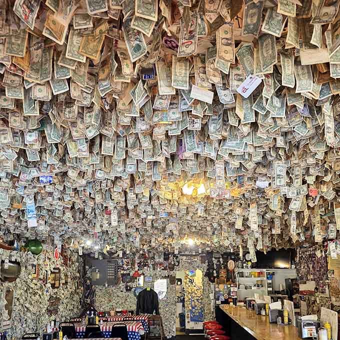 The dollar bills keep multiplying, creating the most unique dining atmosphere you'll ever experience in Washington.