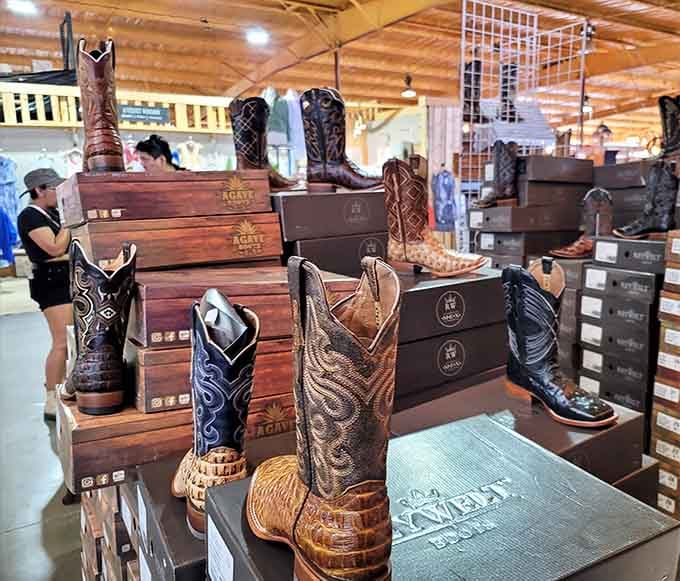 Cowboy boots displayed like works of art, because in Texas, footwear is practically a religious experience worth celebrating.