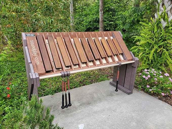 An outdoor musical instrument invites playful interaction, because gardens should engage all your senses, not just sight.