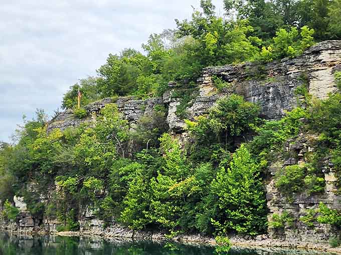 Limestone cliffs tower above the quarry, their layered faces telling stories from millions of years before your mortgage existed.