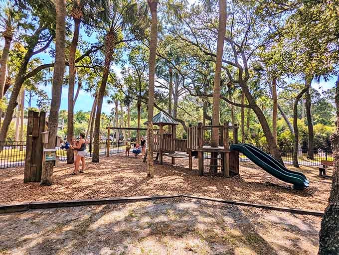 Hannah's Park offers shaded playground fun where kids can burn energy while parents contemplate their next nap location.