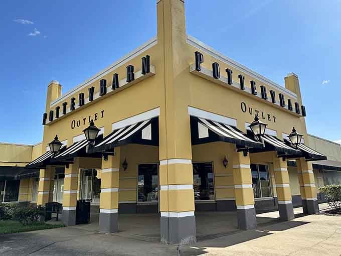 Black-and-white awnings add European flair to this shopping complex where bargain hunters discover deals without fighting mall crowds.