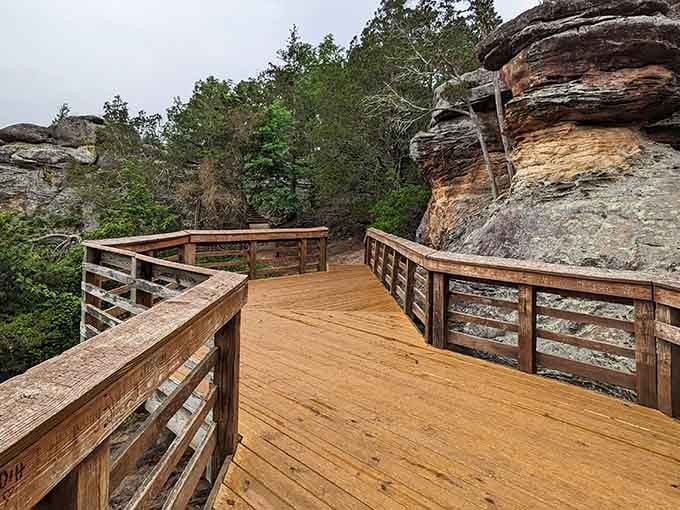 The accessible boardwalk curves around massive formations, bringing everyone face-to-face with 320 million years of history.