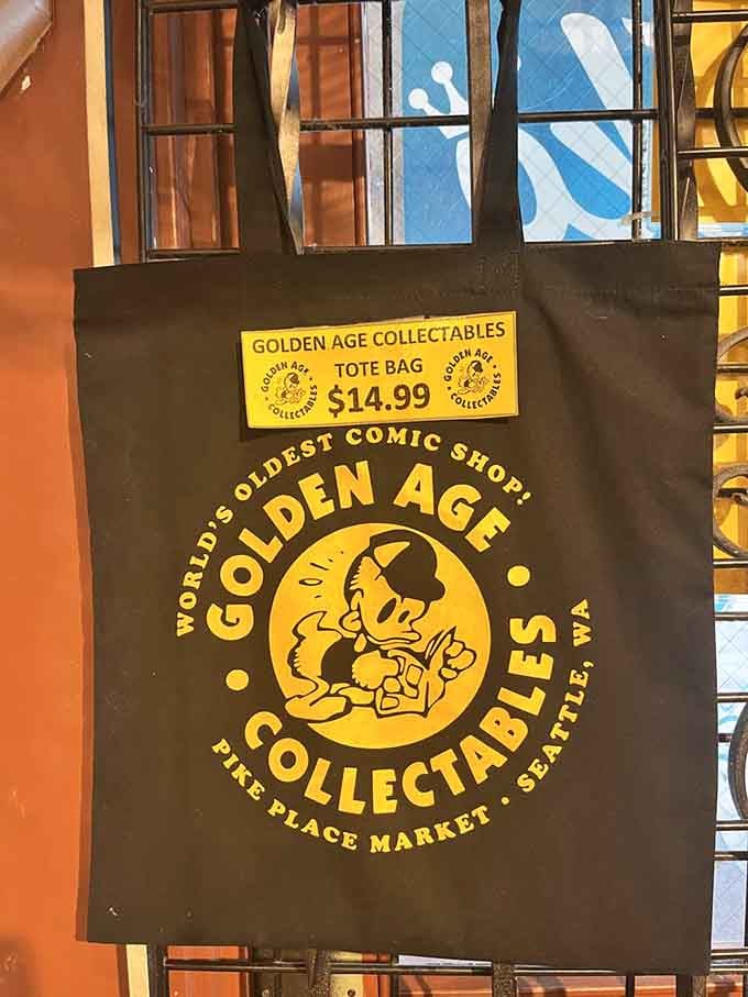 The store's signature tote bag proudly declares what locals have known for decades about this Pike Place treasure.