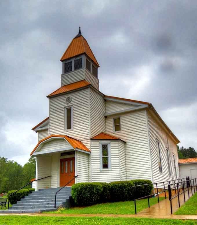 Goshen Baptist Church's steeple reaches skyward, a landmark visible from just about anywhere in this tiny town.