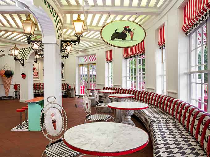 Houndstooth patterns and ice cream dreams collide in this whimsical parlor that looks straight out of a 1950s fantasy.