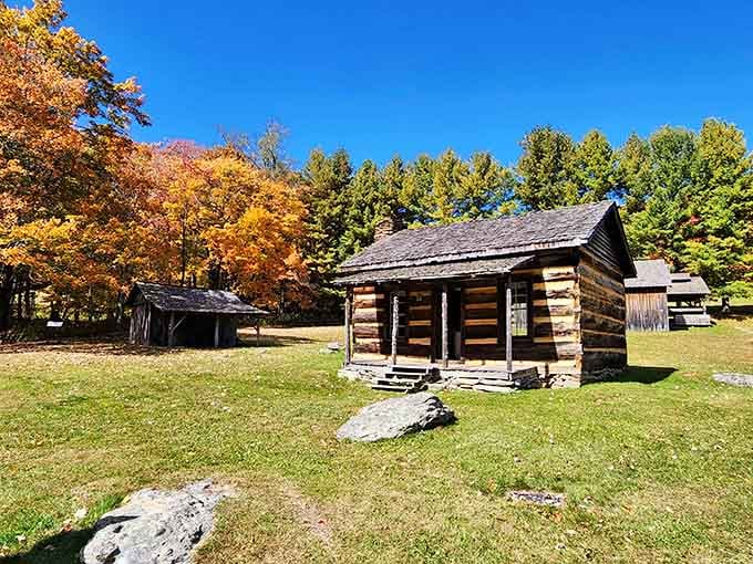 Historic log cabins nestled in fall foliage remind you that people have been finding peace in these mountains for generations.