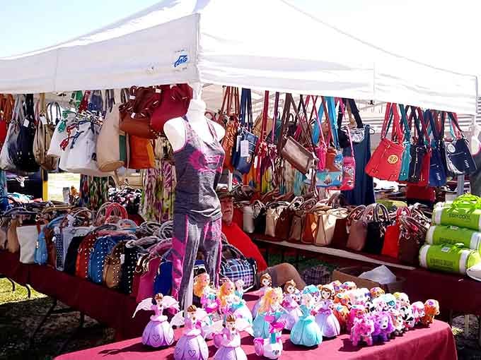 Purses dangling overhead while toys peek out below&mdash;it's like a department store had a yard sale baby.