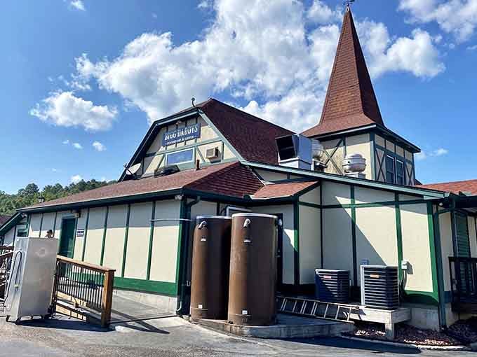 That distinctive tower and traditional architecture promise authentic flavors waiting inside for hungry mountain explorers to discover.