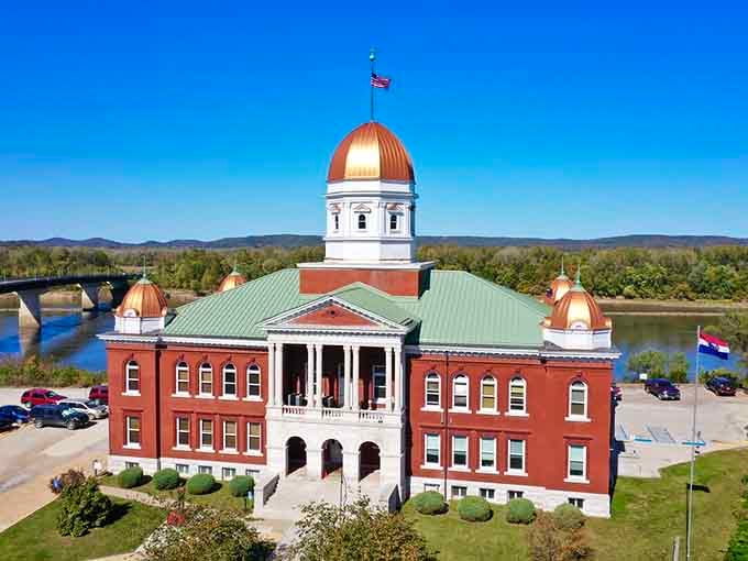 The Gasconade County Courthouse with its copper dome looks like it belongs on a vintage postcard collection.