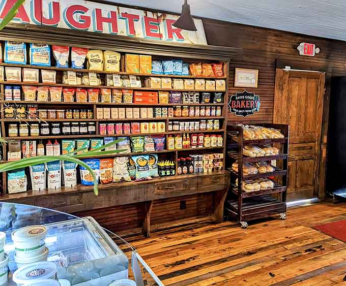 Shelves stocked with local goods and specialty items, turning a simple bakery visit into a treasure hunt.