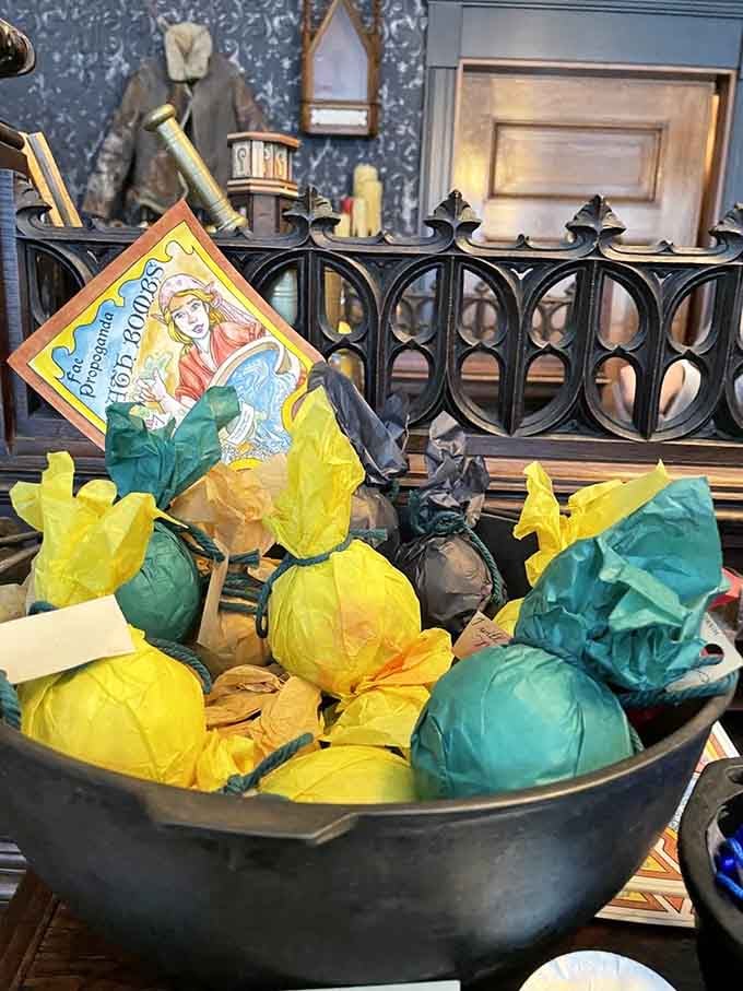 Colorful bath bombs nestled in a cauldron because even witches appreciate a good soak after a long day.