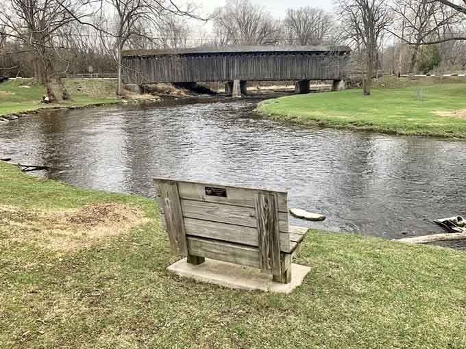 A peaceful creek-side bench offers the perfect spot to contemplate why we don't slow down more often.