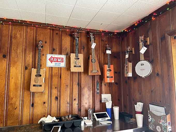 Musical instruments hanging on the wall add an artistic touch that reminds you this place has soul and character.