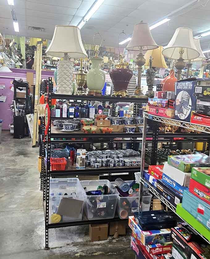 Lamps and household treasures create an eclectic display that interior designers would call "curated bohemian chic."