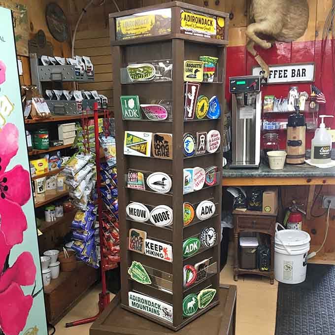 Adirondack stickers cover every inch of this display, perfect for personalizing water bottles, laptops, or car bumpers.