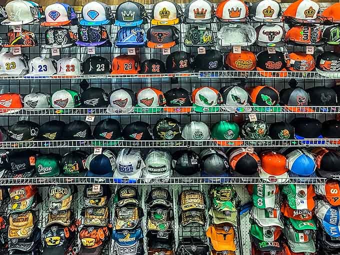 Baseball caps in every color and style, because apparently one team loyalty just isn't enough for some folks.