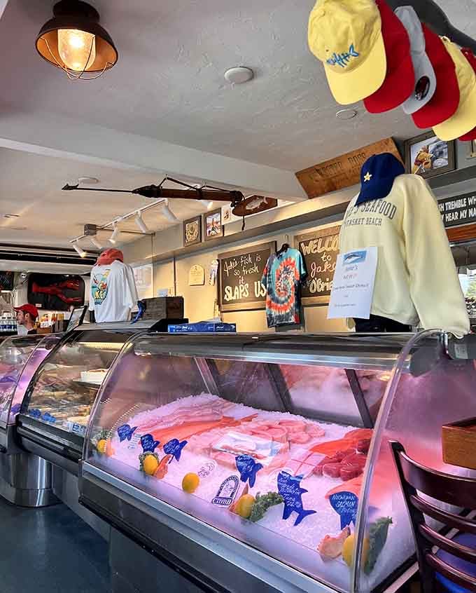 The seafood market display case showcases tomorrow's dinner options, fresh enough to make landlubbers jealous.