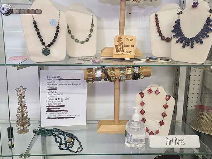 Handcrafted jewelry displayed with care, because even bargain hunters deserve to sparkle and shine a little bit.