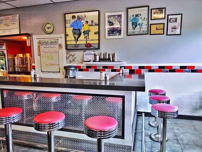 Counter seating with a view of the kitchen, where watching breakfast being made is half the entertainment.