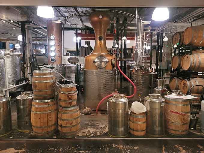 The distilling equipment on display turns your meal into dinner theater, except the show involves copper and chemistry.