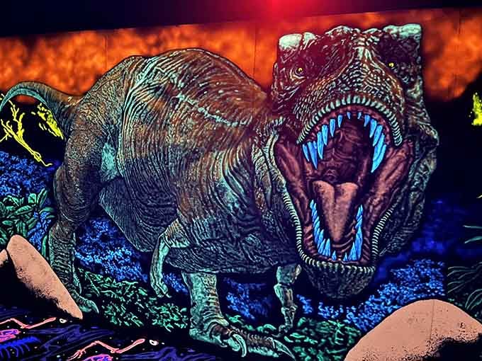 A mosasaurus emerges from cracked glass, frozen mid-strike in spectacular neon glory and eternal hunger.