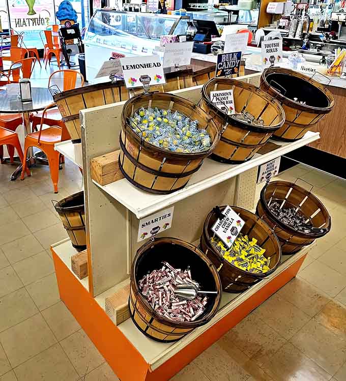 Wooden barrels filled with old-fashioned candy prove that bulk bins were Instagram-worthy long before Instagram existed at all.