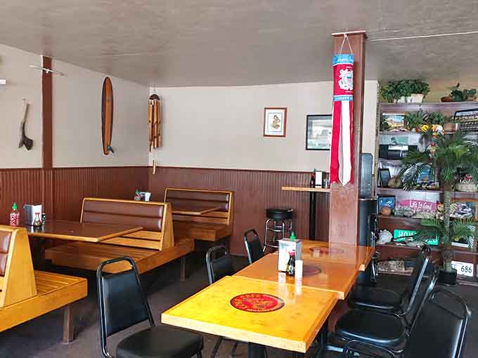 Wooden booths and island decor create that relaxed atmosphere where calories mysteriously don't count as much.