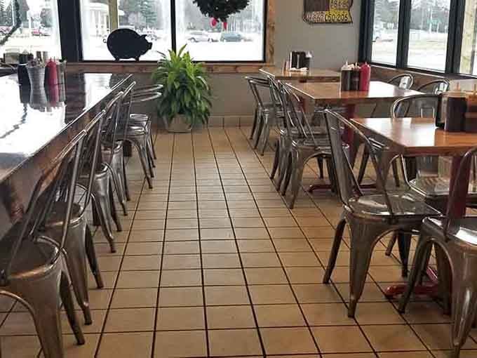 Clean, simple seating that says we're here for the food, not to impress you with interior design.