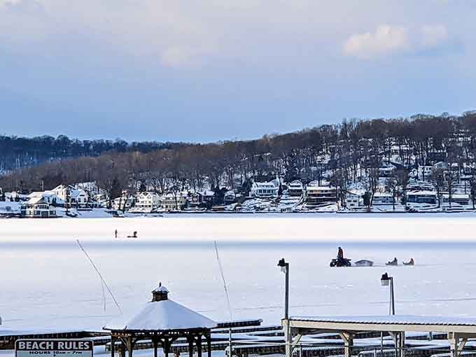 Ice fishermen dotting the frozen surface like they're extras in a Currier and Ives print come to life.