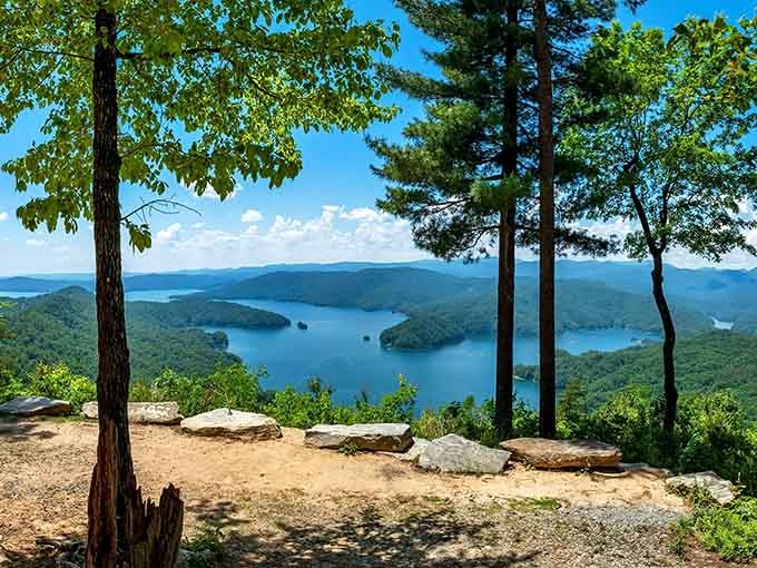 The view from Jumping Off Rock proves that sometimes the best lake perspectives come from way up high.