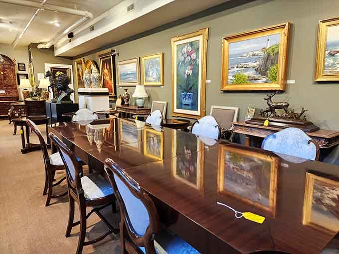 Antique furniture arranged on polished wood creates displays so elegant you'll question your entire IKEA-based decorating philosophy immediately.