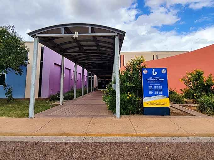 The public library's modern covered walkway shows that Laredo invests in community spaces where knowledge and air conditioning meet.