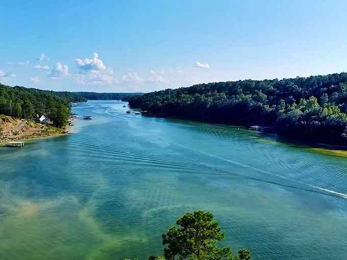 From above, the lake looks like someone spilled turquoise paint across the Alabama landscape on purpose.