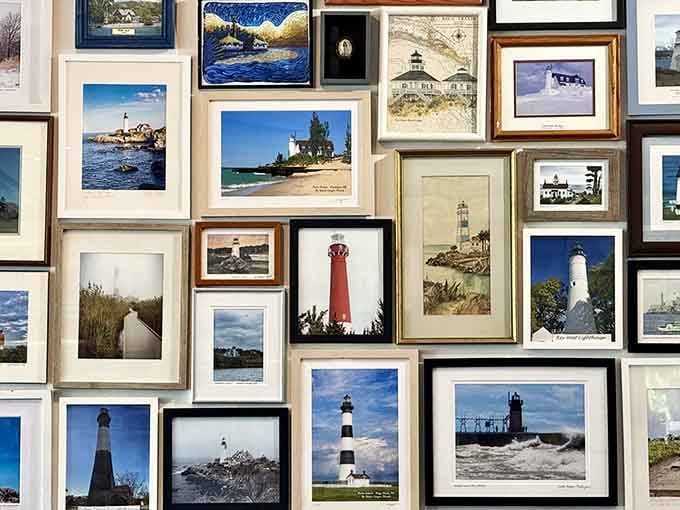 Lighthouse photographs create a maritime museum vibe &ndash; breakfast with a side of nautical history lesson.