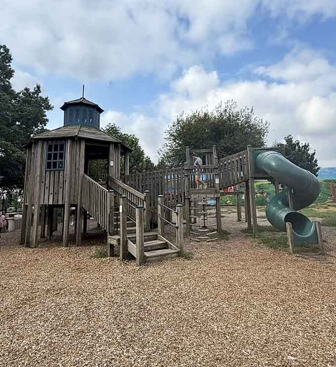 The playground gives kids a place to burn energy while parents contemplate buying another dozen donuts.