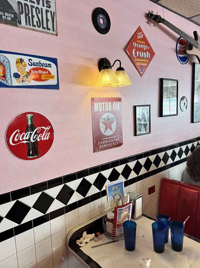 Vintage signs and classic advertisements cover every inch, giving your eyes plenty to explore between bites.