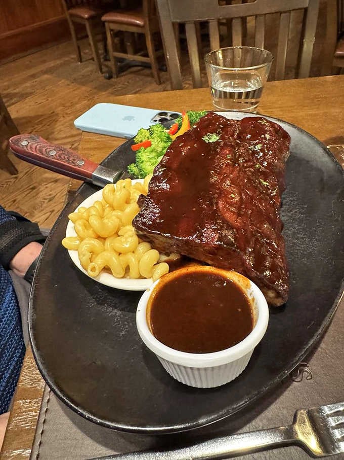 Baby back ribs with mac and cheese that could make a vegetarian seriously reconsider their life choices.