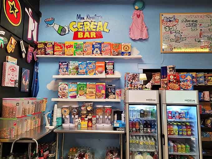 The cereal bar stretches like a sugary library where every box tells a story your mom said no to.