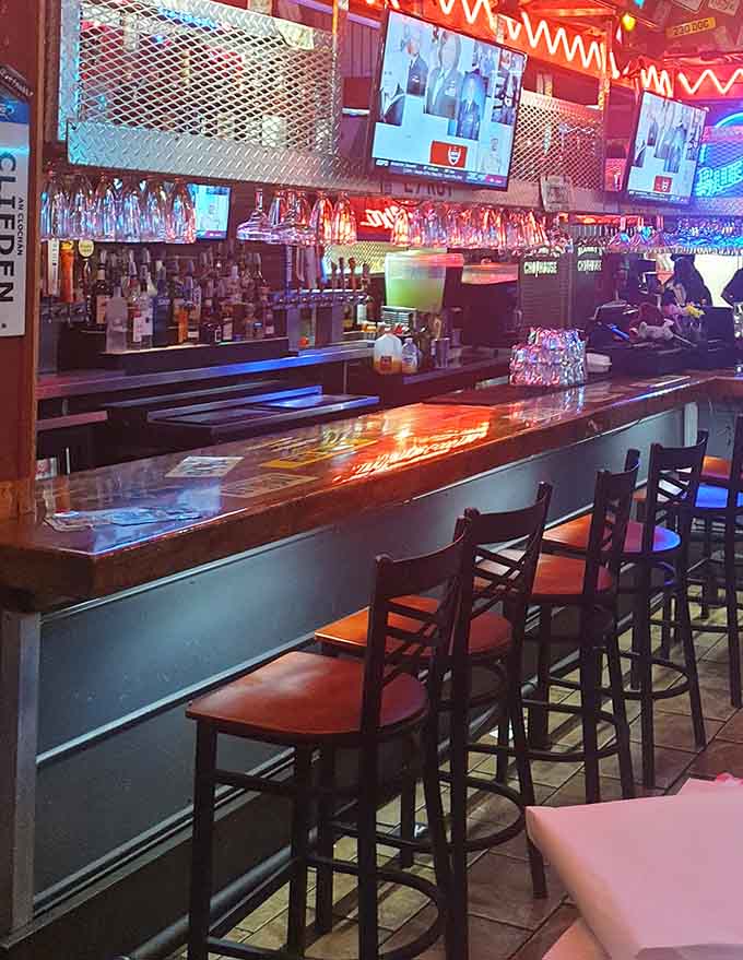 The bar gleams with possibility, TVs for the game, and enough taps to keep everyone happy.