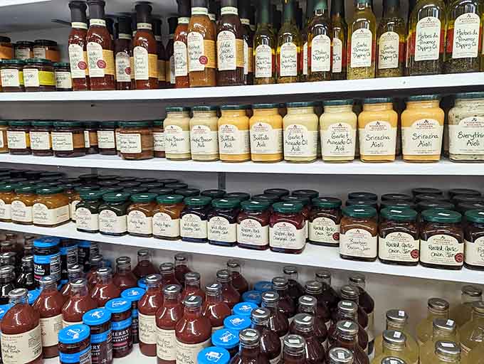 Shelves of artisanal dipping oils, aiolis, and jams that turn ordinary meals into gourmet experiences without the pretentious price tags.