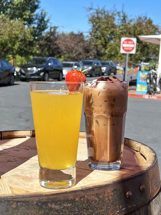Fresh juice and iced coffee sitting pretty, ready to kickstart your morning the right way every single time.