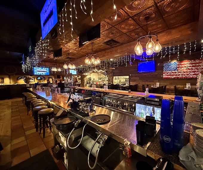 The polished bar gleams under decorative lighting, ready to pour whatever helps you forget it's still winter.