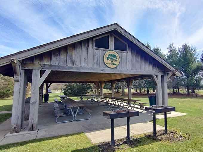 Rustic picnic shelters at Buckeye Woods Park, where family gatherings happen and potato salad reigns supreme.