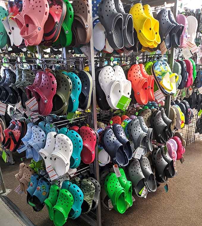 Every color of footwear imaginable, including those controversial rubber clogs that somehow became acceptable to wear in public.