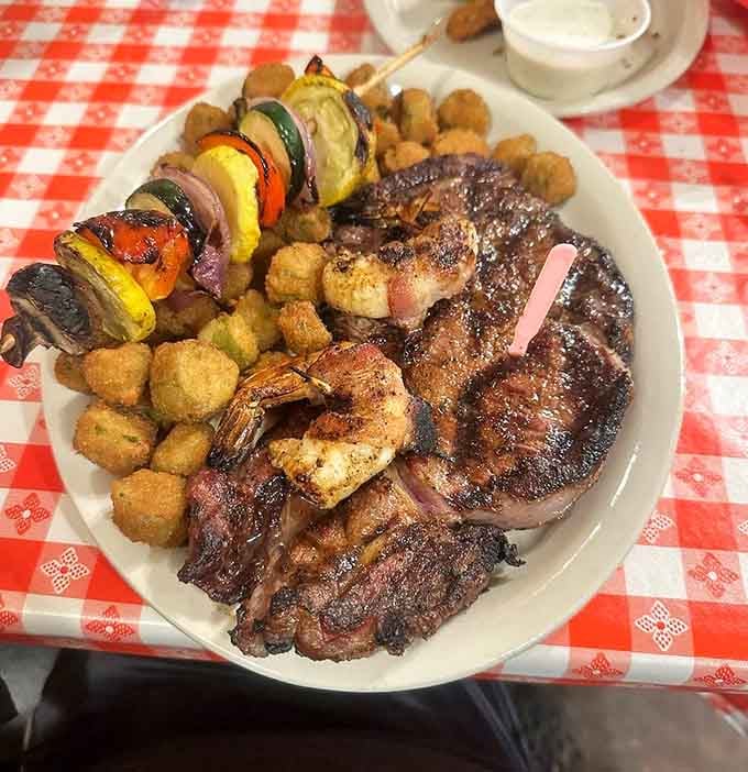 Grilled vegetables, perfectly cooked proteins, and crispy taters create a plate that satisfies every craving simultaneously without apology.