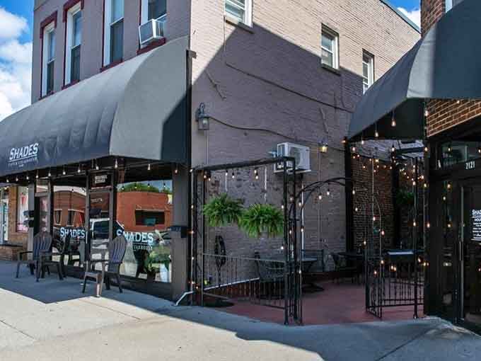 String lights and outdoor seating create downtown dining ambiance where steaks sizzle and conversations linger past sunset comfortably.