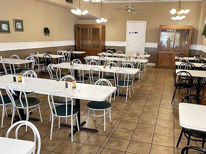 Clean, spacious dining room with plenty of tables means there's room for everyone at this feast.